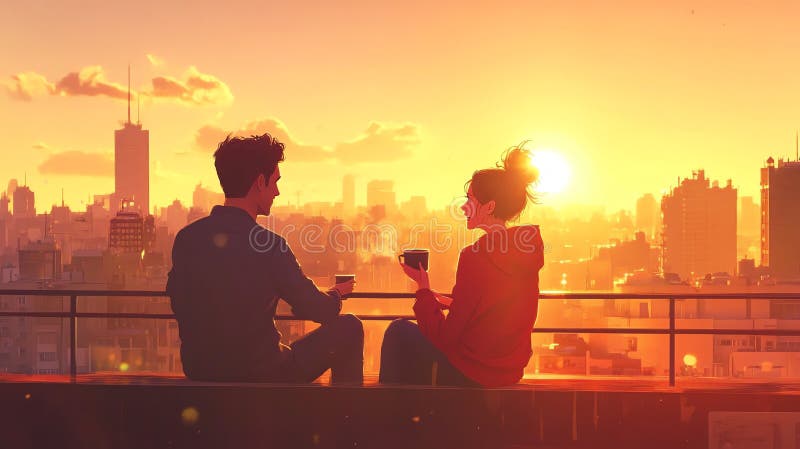 Sunset Cityscape Illustration: Couple Enjoying Coffee Stock Photo - Image of romantic, enjoyment ...