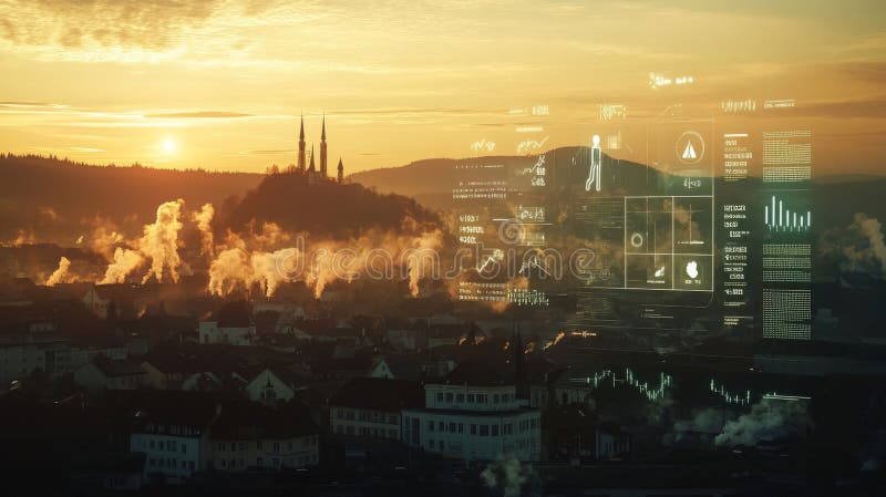 Sunset Cityscape with Industrial Smog and Digital Data Overlay Stock ...