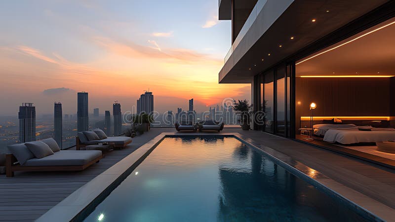 Sunset Cityscape Luxury Rooftop Pool Penthouse Stock Illustration ...