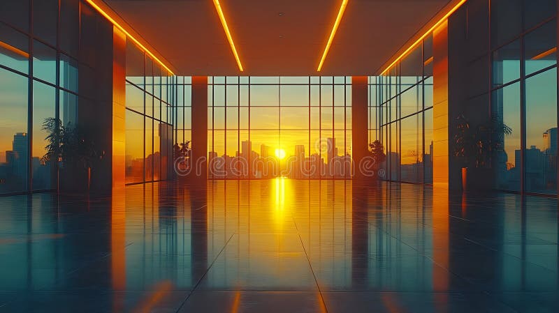 Sunset Cityscape through Modern Office Windows 3D Illustration Stock ...