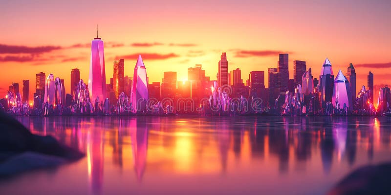 Sunset Cityscape Neon Skyline Wallpaper Stock Illustration ...
