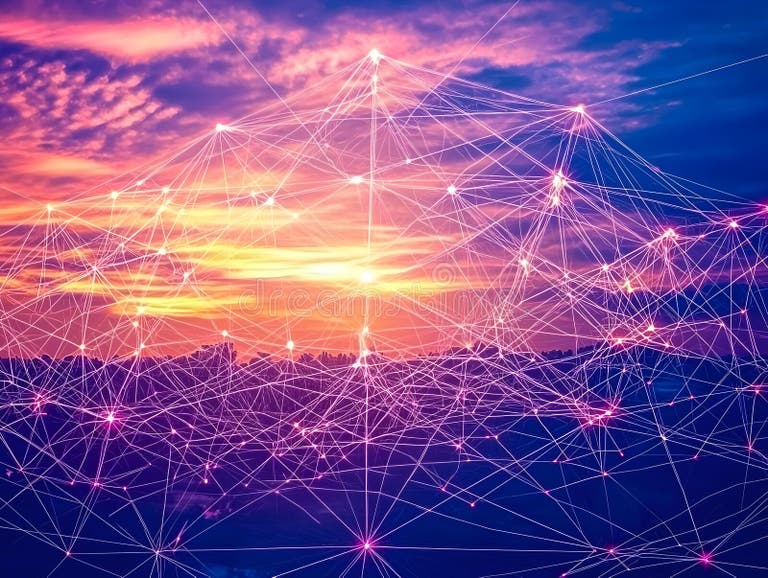 Sunset Cityscape Network Connection Stock Illustration - Illustration ...