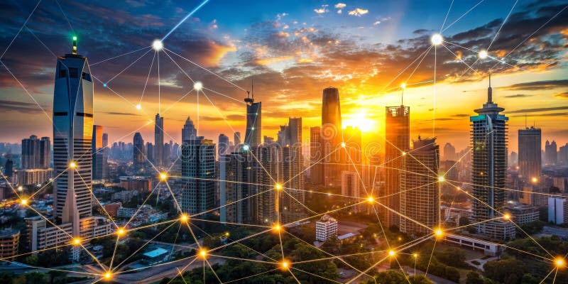 Sunset Cityscape with Network Connections Stock Illustration ...
