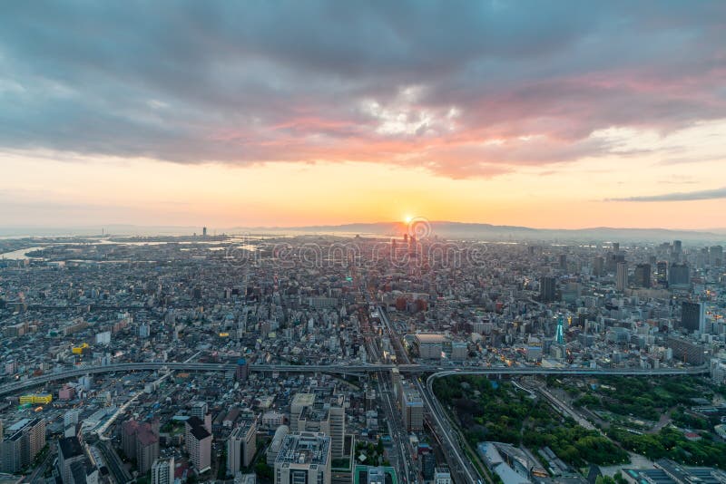 Sunset Cityscape of Osaka Skyline, Aerial View from Harukas Stock Photo ...