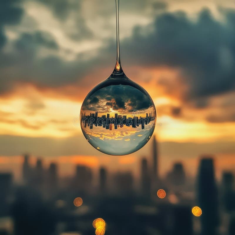 Sunset Cityscape Reflected in Hanging Raindrop Stock Photo - Image of ...