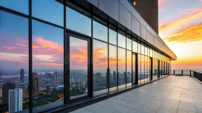 Sunset Cityscape Reflected in Modern Building Glass Facade, City View ...