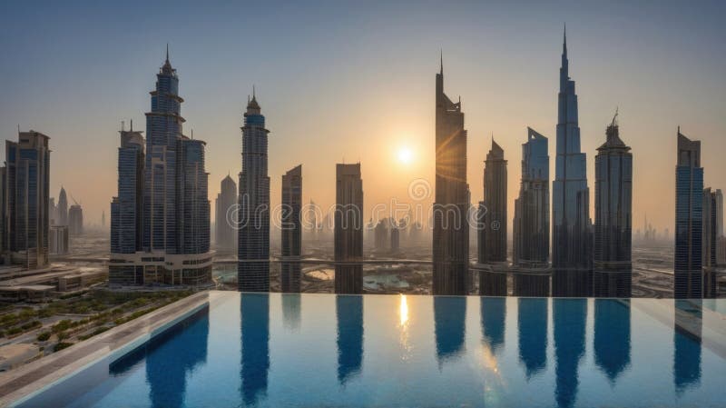 Sunset Cityscape Reflection in Infinity Pool Stock Illustration ...