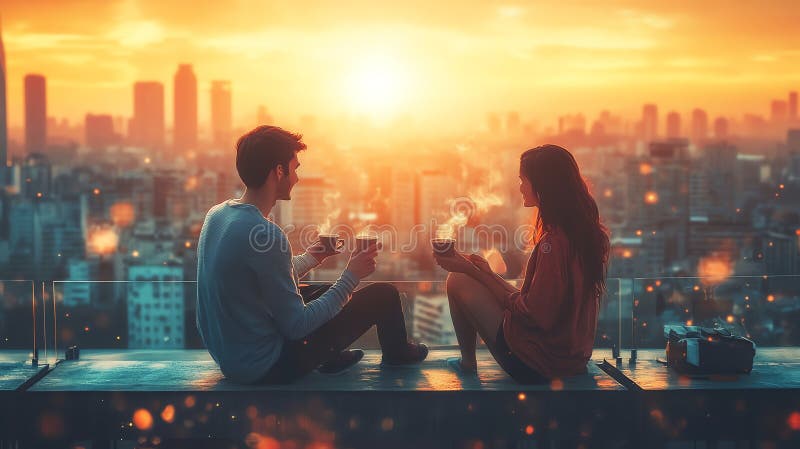 Sunset Cityscape Romantic Couple Illustration Stock Image - Image of relationship, scene: 363020893