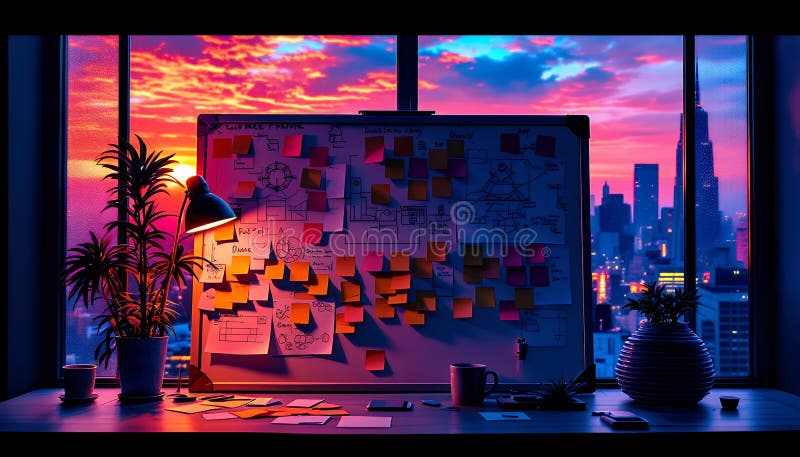 Sunset Cityscape View from a Creative Workspace Stock Illustration ...