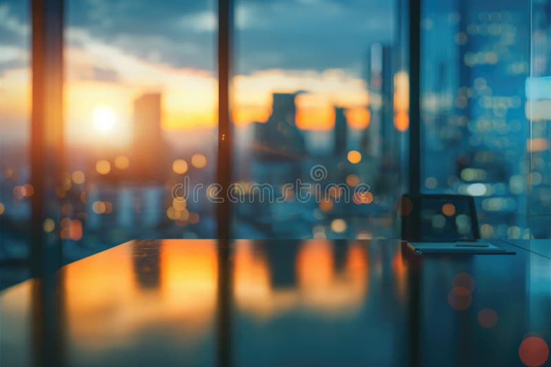 Sunset Cityscape View from Modern Office with Laptop on Desk. Stock ...