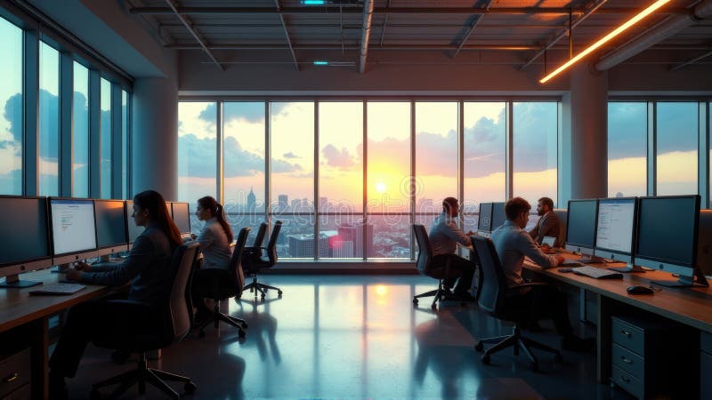Sunset Cityscape View from Modern Office Workspace with Business Team ...