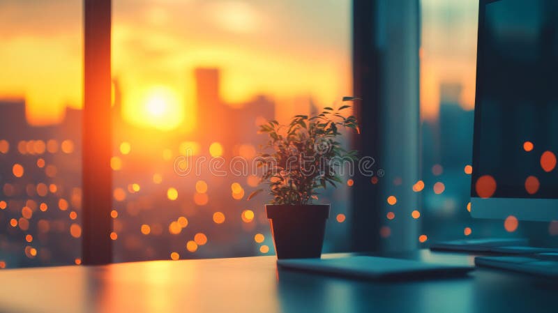 Sunset Cityscape View from Office Window Plant Stock Illustration ...