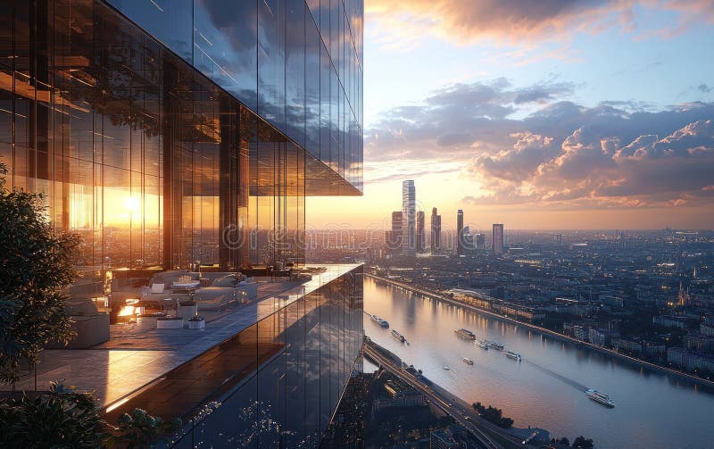 Sunset Cityscape View from Rooftop Terrace Stock Illustration ...