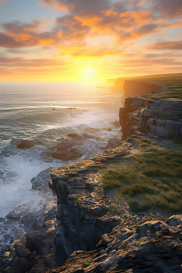 Sunset on the Cliff Overlooking the Ocean Stock Illustration ...