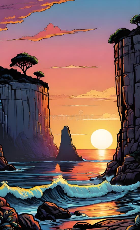 Sunset Cliffs Cartoonistic View Ai Generated Stock Illustration ...