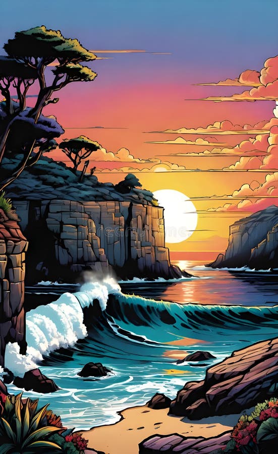 Sunset Cliffs Cartoonistic View Ai Generated Stock Illustration ...