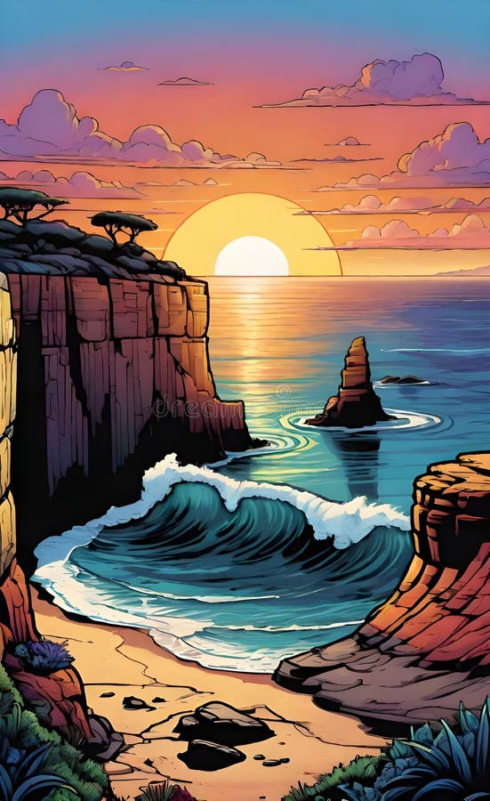 Sunset Cliffs Cartoonistic View Ai Generated Stock Illustration ...