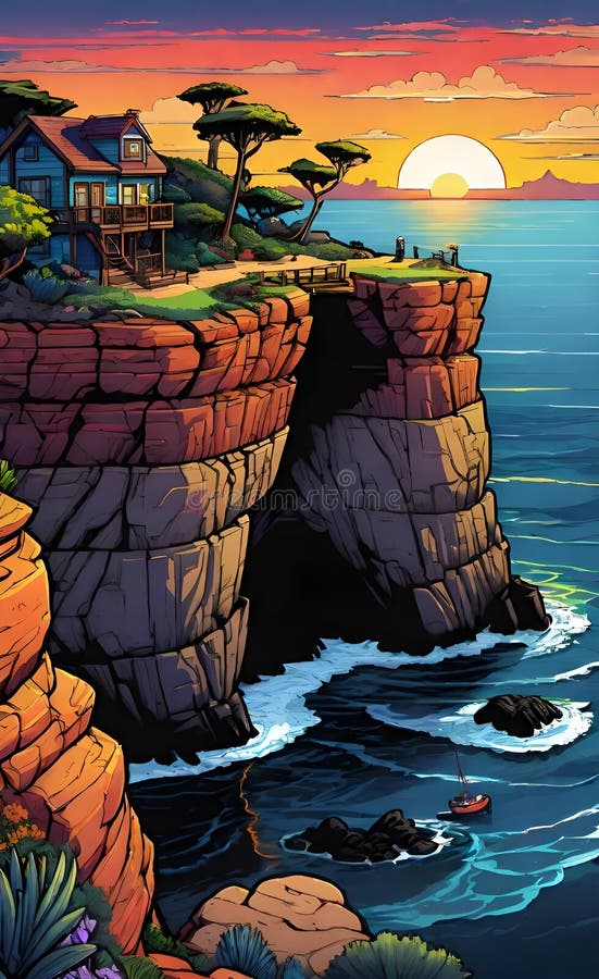 Sunset Cliffs Cartoonistic View Ai Generated Stock Illustration ...