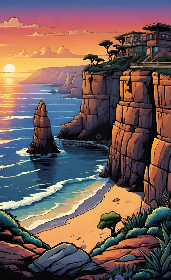 Sunset Cliffs Cartoonistic View Ai Generated Stock Illustration ...