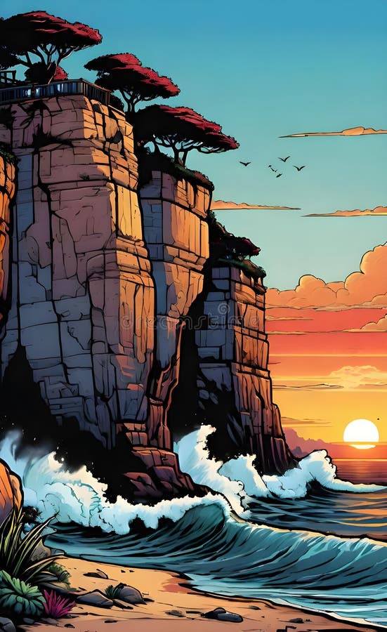 Sunset Cliffs Cartoonistic View Ai Generated Stock Illustration ...