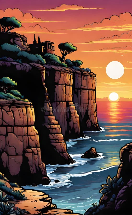 Sunset Cliffs Cartoonistic View Ai Generated Stock Illustration ...