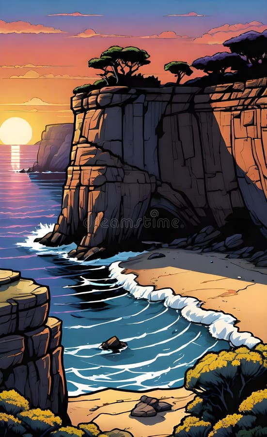 Sunset Cliffs Cartoonistic View Ai Generated Stock Illustration ...