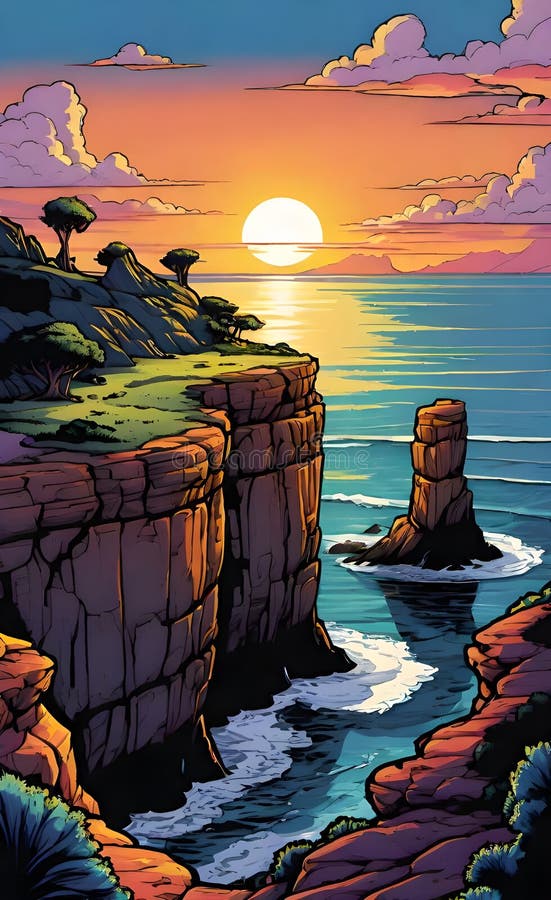 Sunset Cliffs Cartoonistic View Ai Generated Stock Illustration ...