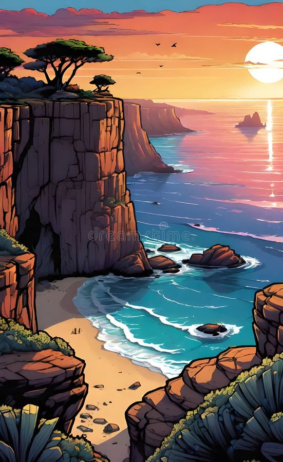 Sunset Cliffs Cartoonistic View Ai Generated Stock Illustration ...