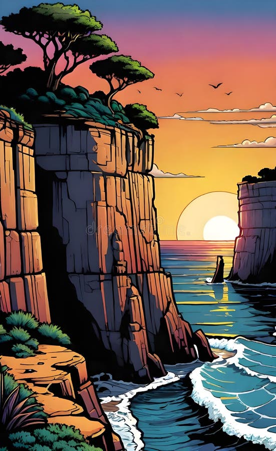 Sunset Cliffs Cartoonistic View Ai Generated Stock Illustration ...