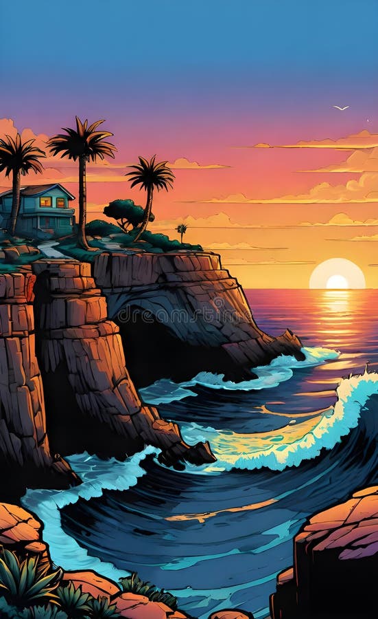 Sunset Cliffs Cartoonistic View Ai Generated Stock Illustration ...