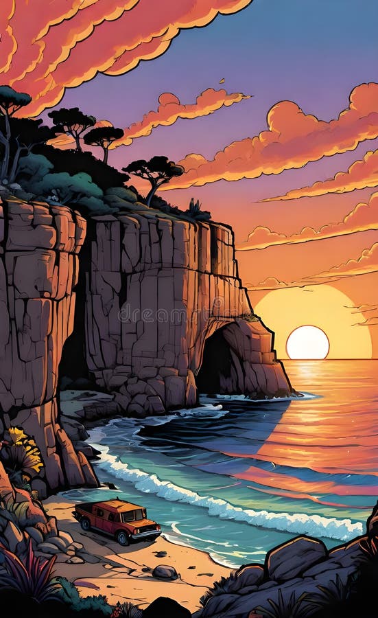 Sunset Cliffs Cartoonistic View Ai Generated Stock Illustration ...