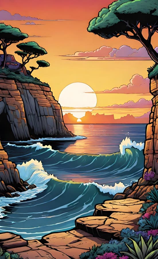 Sunset Cliffs Cartoonistic View Ai Generated Stock Illustration ...