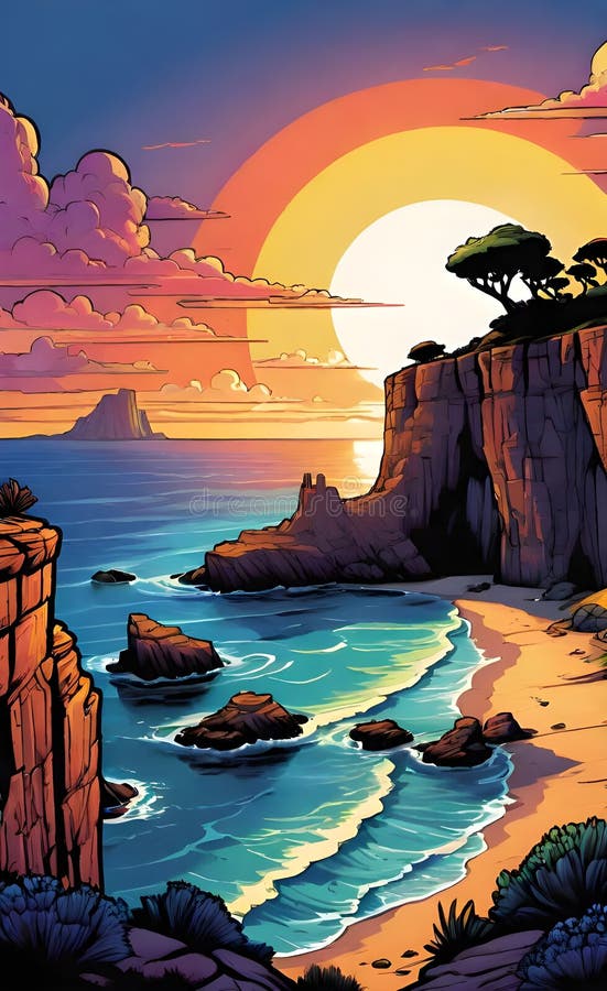 Sunset Cliffs Cartoonistic View Ai Generated Stock Illustration ...