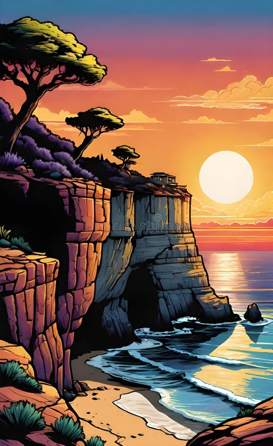 Sunset Cliffs Cartoonistic View Ai Generated Stock Illustration ...