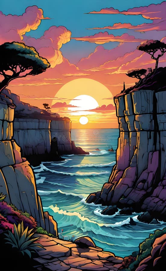 Sunset Cliffs Cartoonistic View Ai Generated Stock Illustration ...