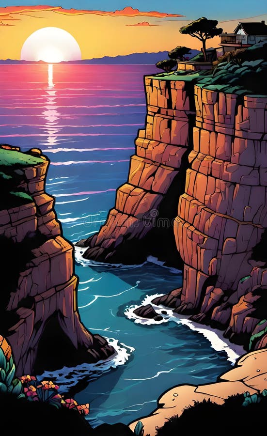 Sunset Cliffs Cartoonistic View Ai Generated Stock Illustration ...
