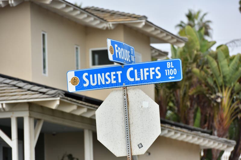Sunset Cliffs road sign stock photo. Image of sign, diego - 259220686