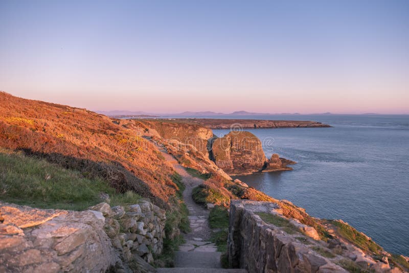 Sunset at the Cliffs by the South Stack Lighthouse on Anglesey in Wales ...