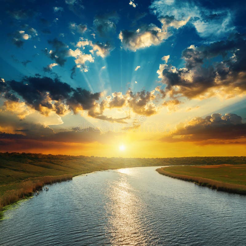Sunset with Clouds, Light Rays Over River Stock Image - Image of ...