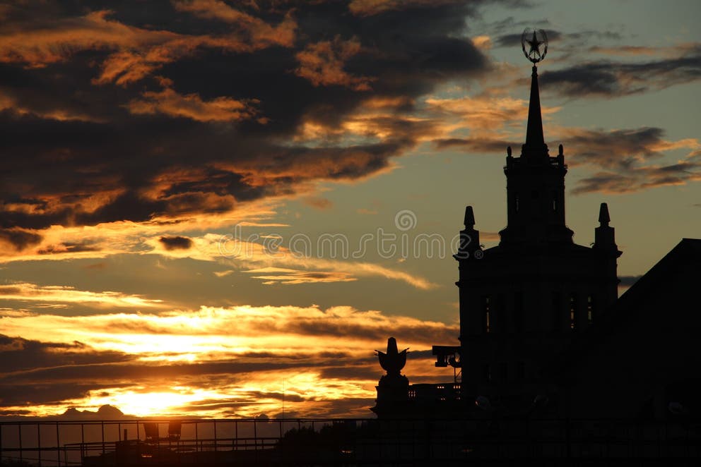 Sunset through the Clouds Over a Tower in Brest, Belarus Stock Photo ...