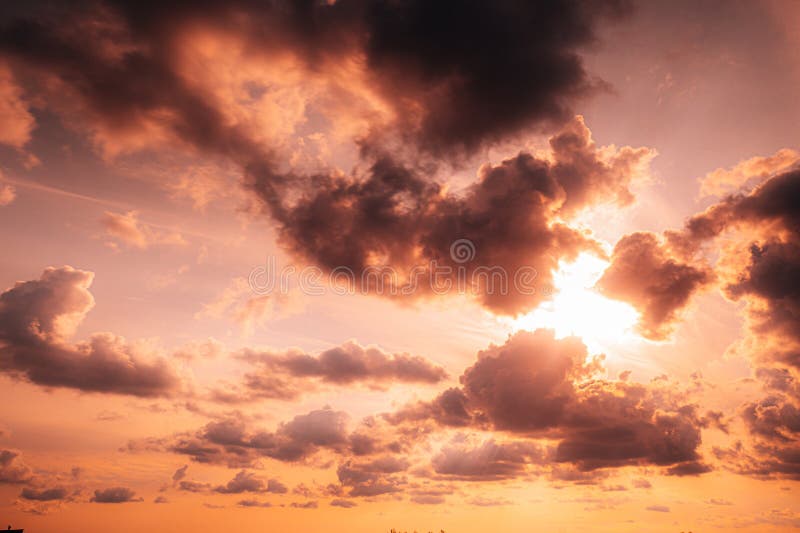 Sunset Cloudy Sky with Fluffy Clouds. Sunset Sky Natural Background ...