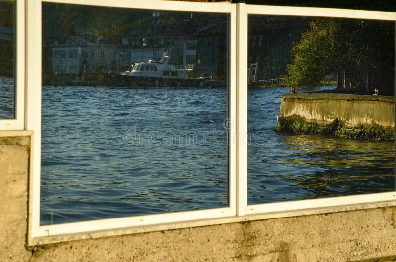 Sunset Coastal View Window Reflection Stock Image - Image of windows ...