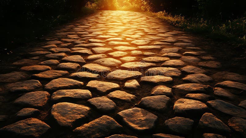 At Sunset, a Cobblestone Pathway Appears Shiny with a Warm Sunlight ...