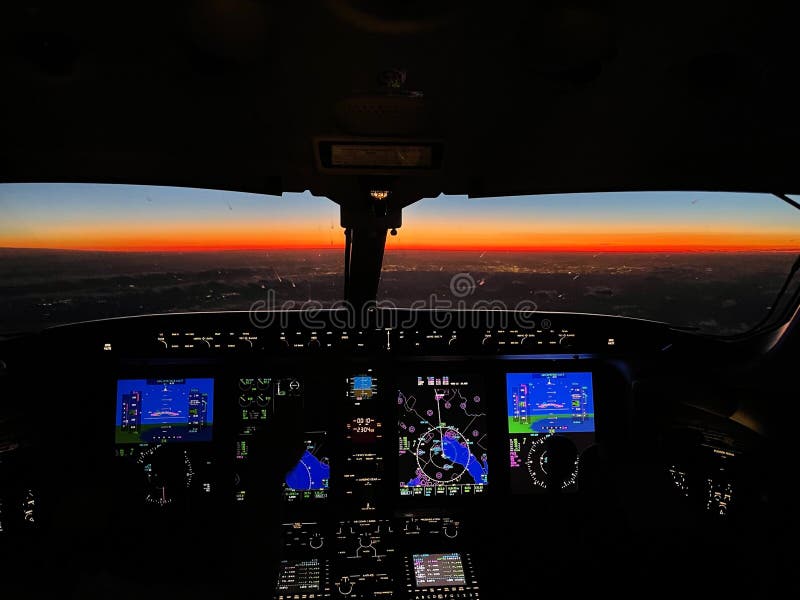 Sunset from the cockpit. stock image. Image of devices - 146744669