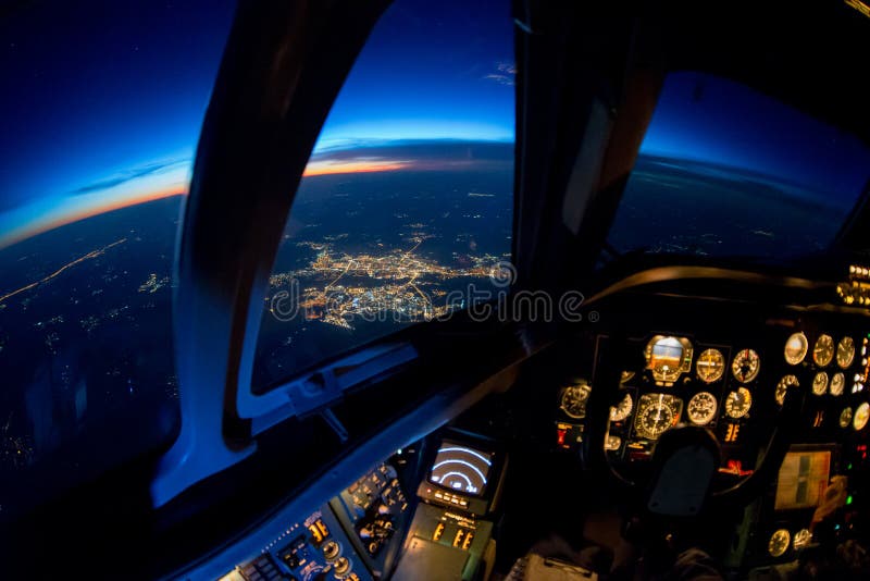 Sunset from the cockpit. stock photo. Image of city - 146744546