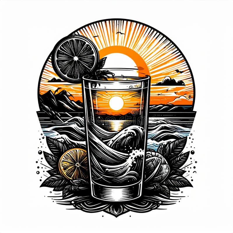 Sunset Cocktail Illustration with Ocean Waves and Mountains Stock ...