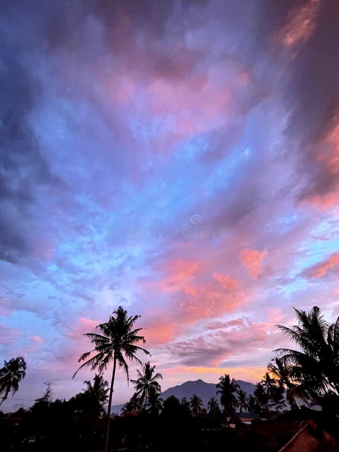 Sunset with Coconut Trees, Scenic View Dramatic Cloud, Beautyful Sky Orange Color Stock Image ...