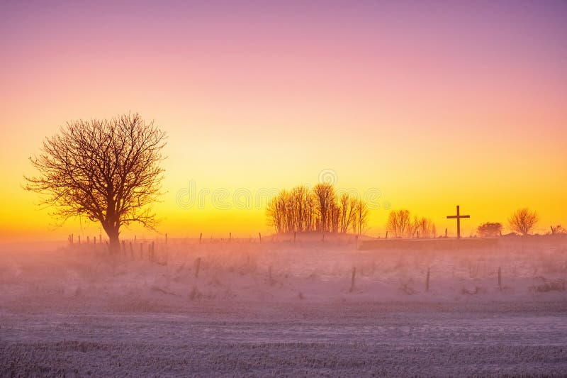 Sunset and Cold Mist in a Wintry Landscape Stock Image - Image of dawn ...