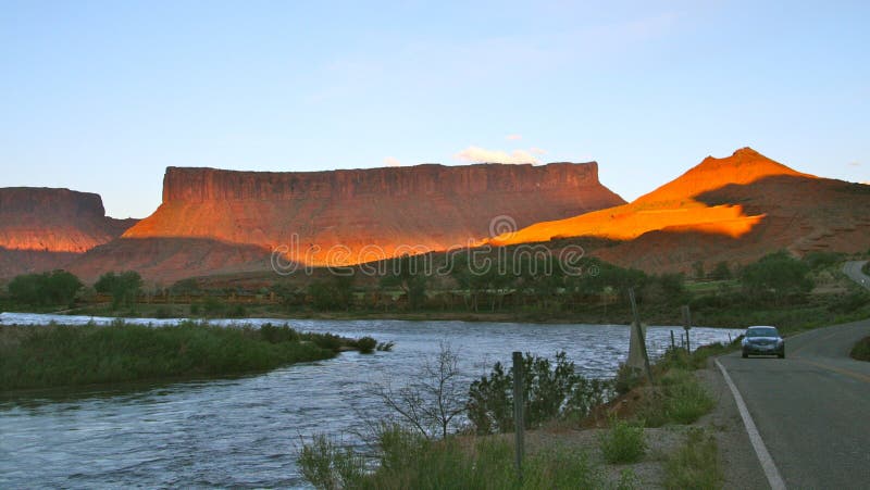 Sunset on the Colorado River, Moab, Utah Stock Image - Image of highway ...