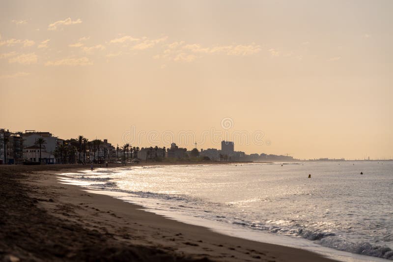 Sunset at Coma Ruga Beach in Tarragona, Spain Stock Photo - Image of ...